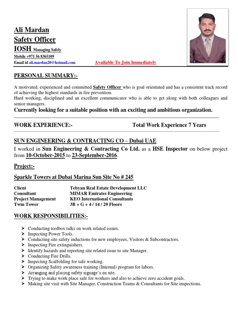 Safety Officer Profile: Ali Mardan | PDF | Firefighter | Occupational ...