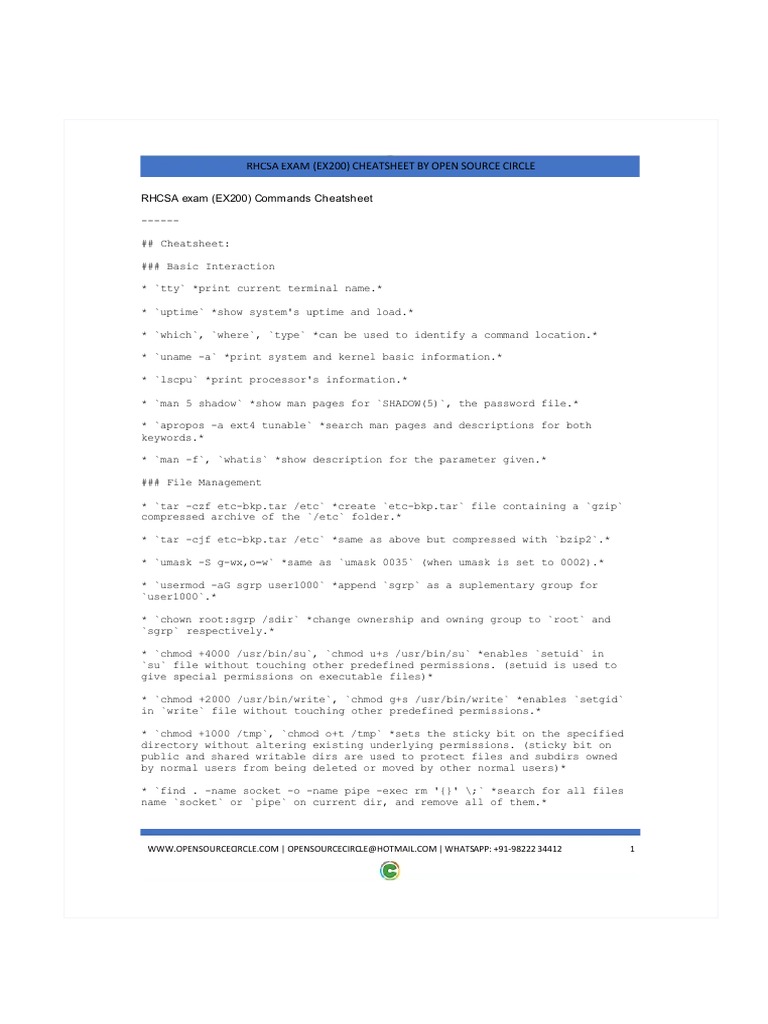 RHCSA Exam (EX200) Commands Cheatsheet | PDF
