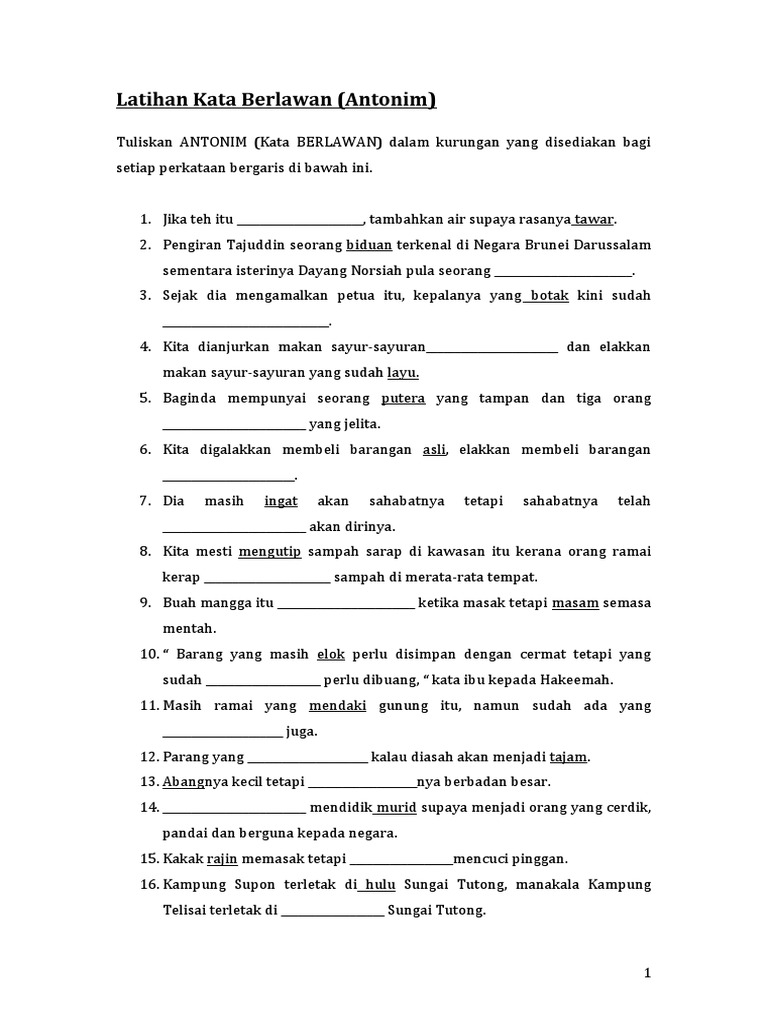 Latihan Antonim untuk Murid Tahun 5 | PDF