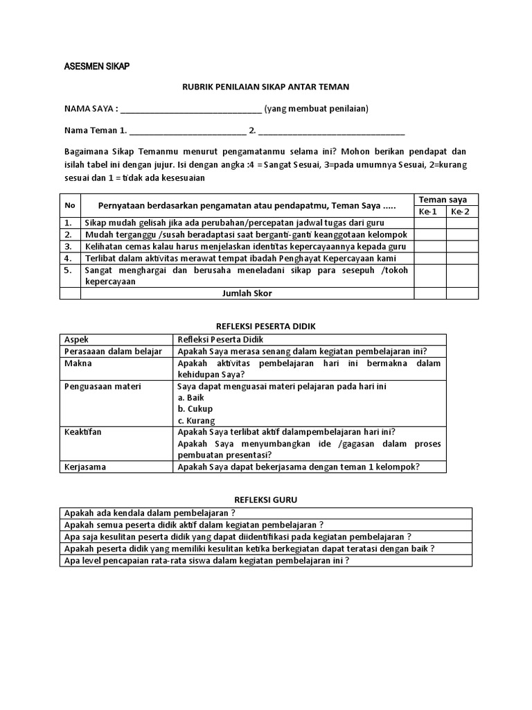 Asesmen Sikap, Refleksi Peserta Didik Dan Refleksi Guru | PDF
