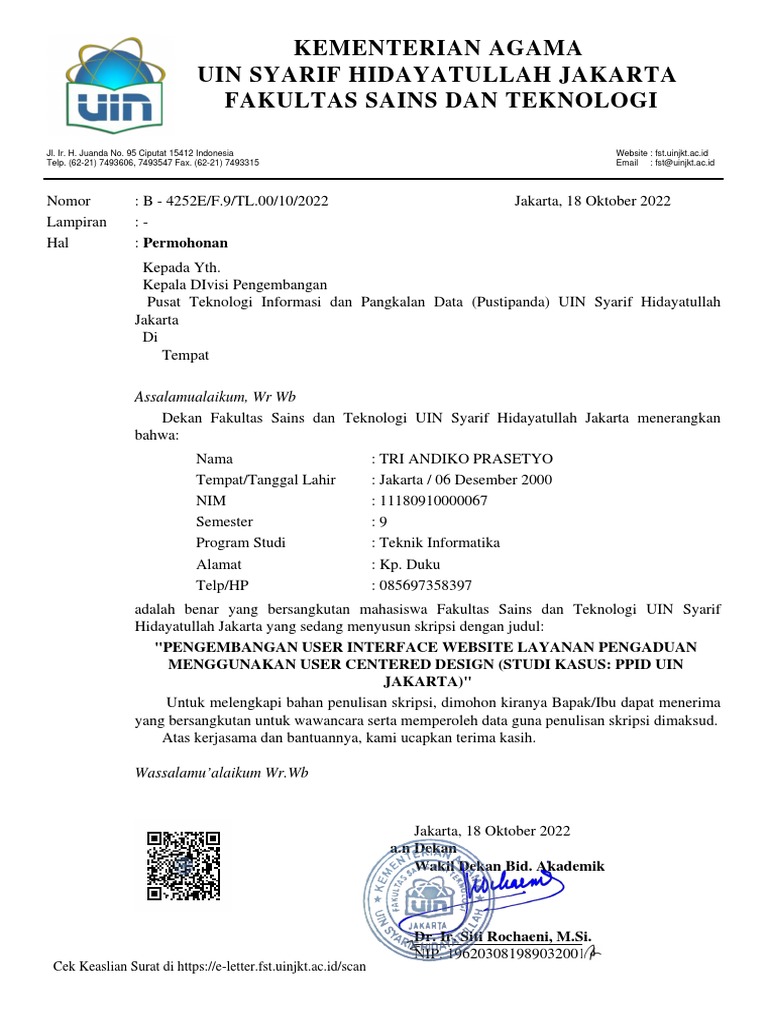 Surat Permohonan Wawancara 11180910000067 | PDF