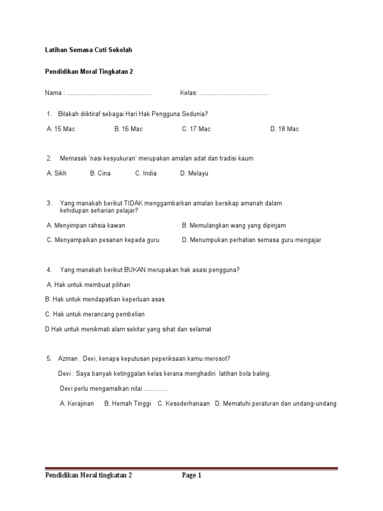 Latihan Cuti Sekolah Pend Moral | PDF