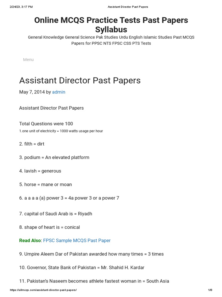 Assistant Director Past Papers | PDF | Multiple Choice | Science