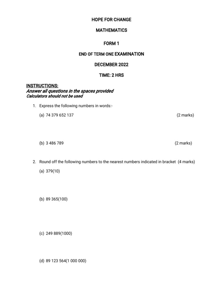Form 1 Maths Hope4C | PDF