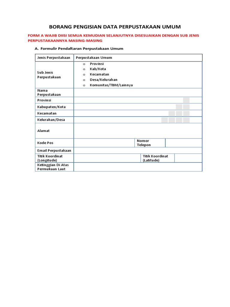 Borang Pengisian Data Umum Perpustakaan Desa | PDF