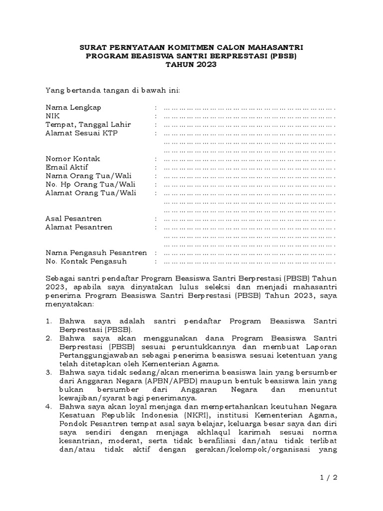 Lampiran 4 - Format Surat Pernyataan Komitmen Calon Mahasantri PBSB ...