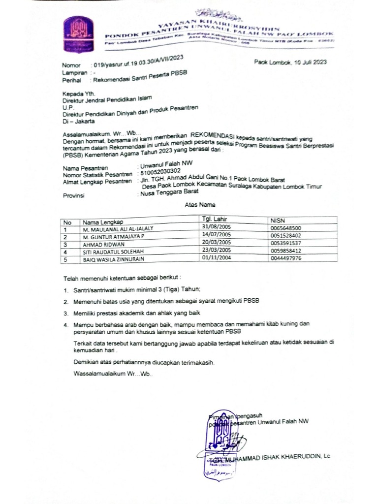 Surat Rekomendasi PBSB | PDF