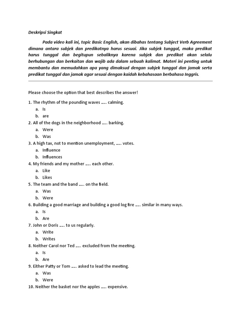 Post Test Subject Verb Agreement | PDF