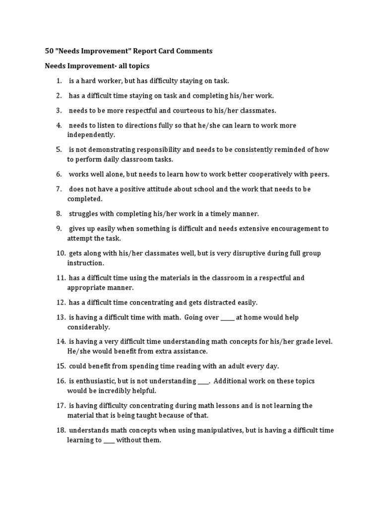 50 Needs Improvement Report Card Comments | PDF | Learning | Behavior ...