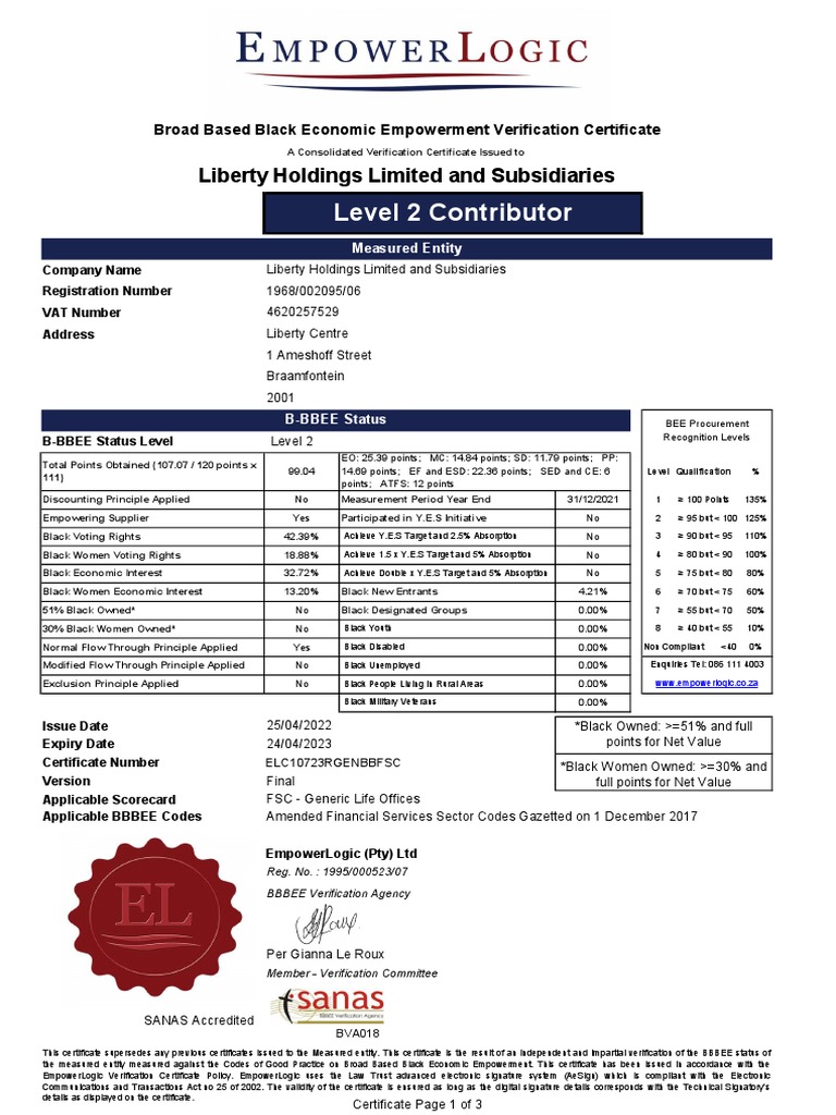 Liberty Holdings B-BBEE Certificate | PDF