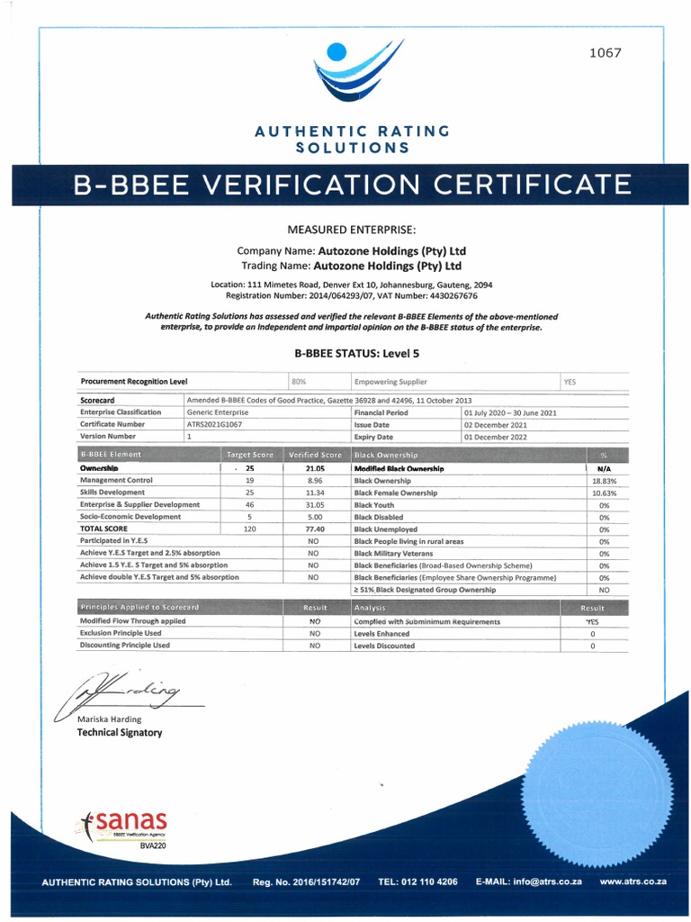 AutoZone-B-BBEE-Certificate-1-December-2022 | PDF