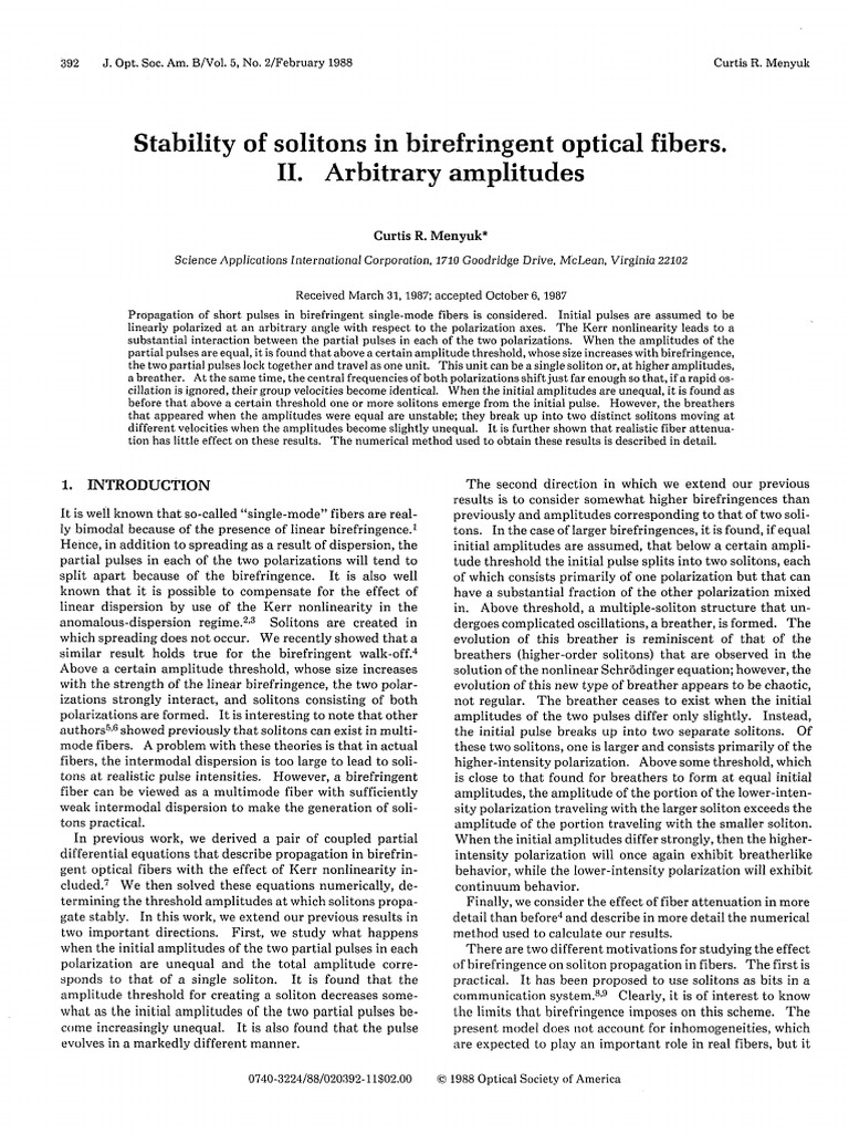 Menyuk 1988 | PDF | Soliton | Polarization (Waves)