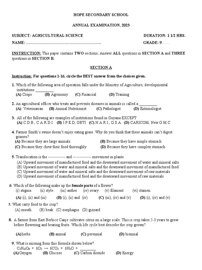 Grade 9 Agricultural Science Exam 2023 | PDF | Livestock | Farms