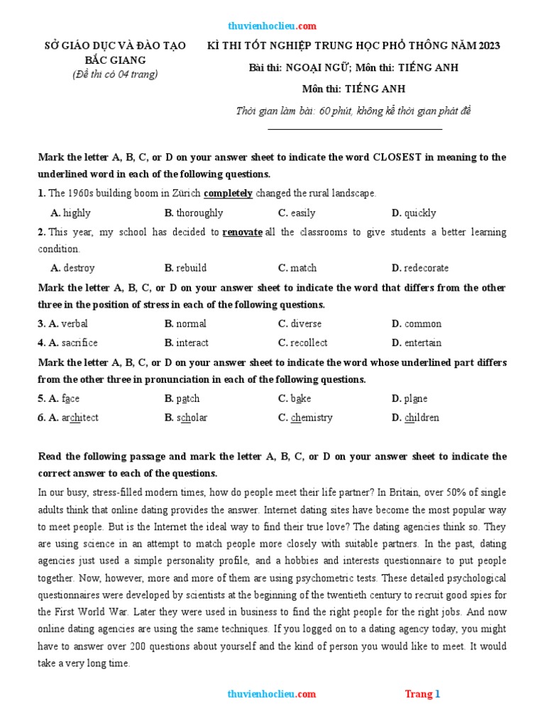 De Thi Thu TN Tieng Anh 2023 So GD Bac Giang | PDF | Language Education | Body Language