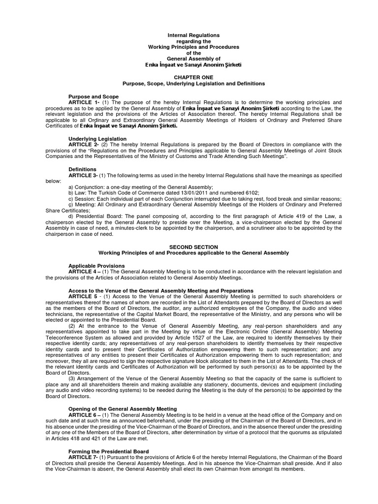 Internal Regulations Regarding Working Principles and Procedures | PDF | Board Of Directors ...