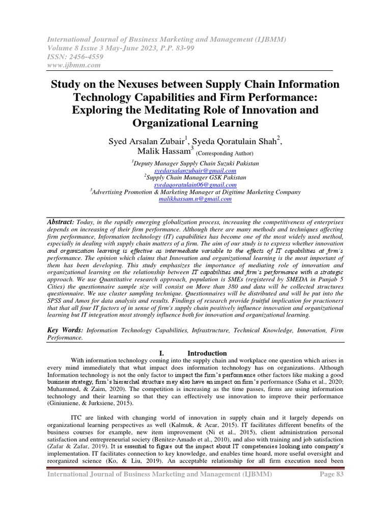 Study On The Nexuses Between Supply Chain Information Technology Capabilities and Firm ...