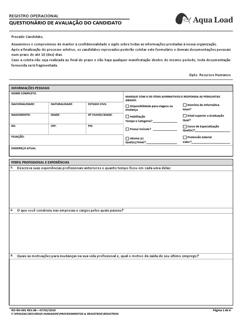 Questionario Aquaload para Avaliar Candidatos | Download grátis PDF ...