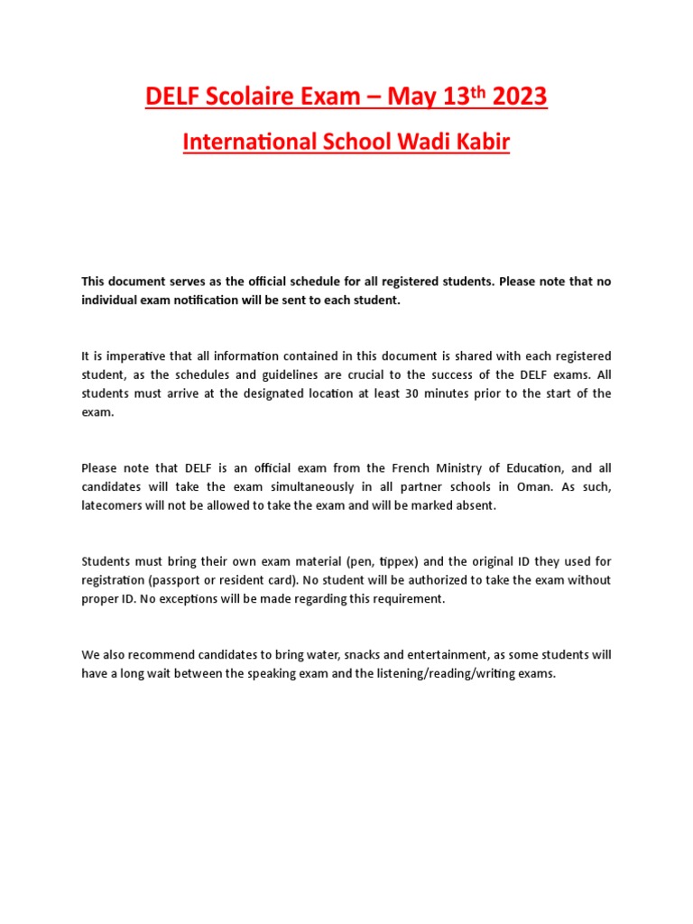 DELF Scolaire Exam Schedule 2023 | PDF