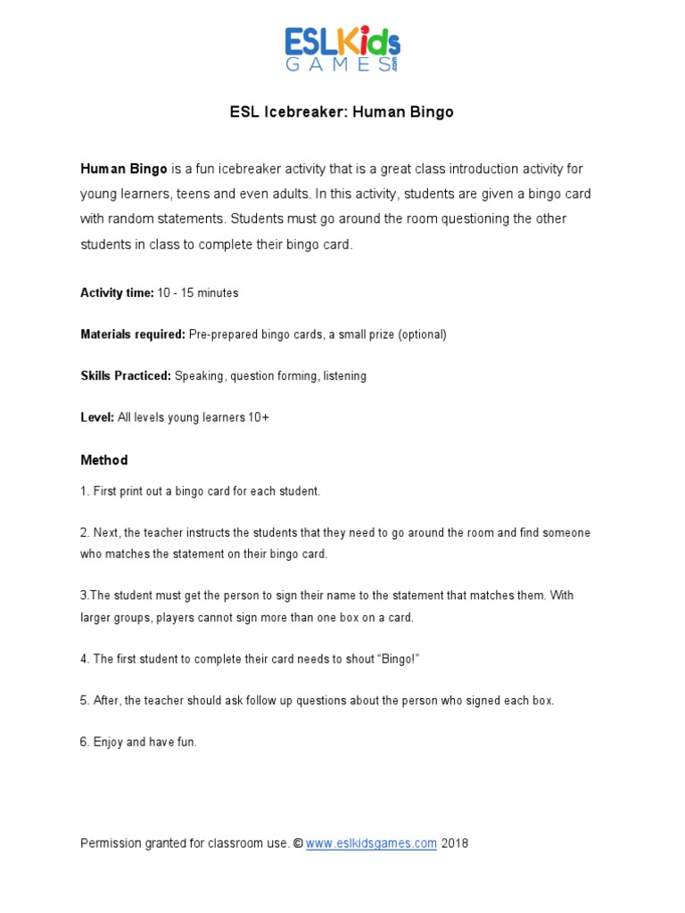 ESL Icebreaker - Human Bingo | PDF