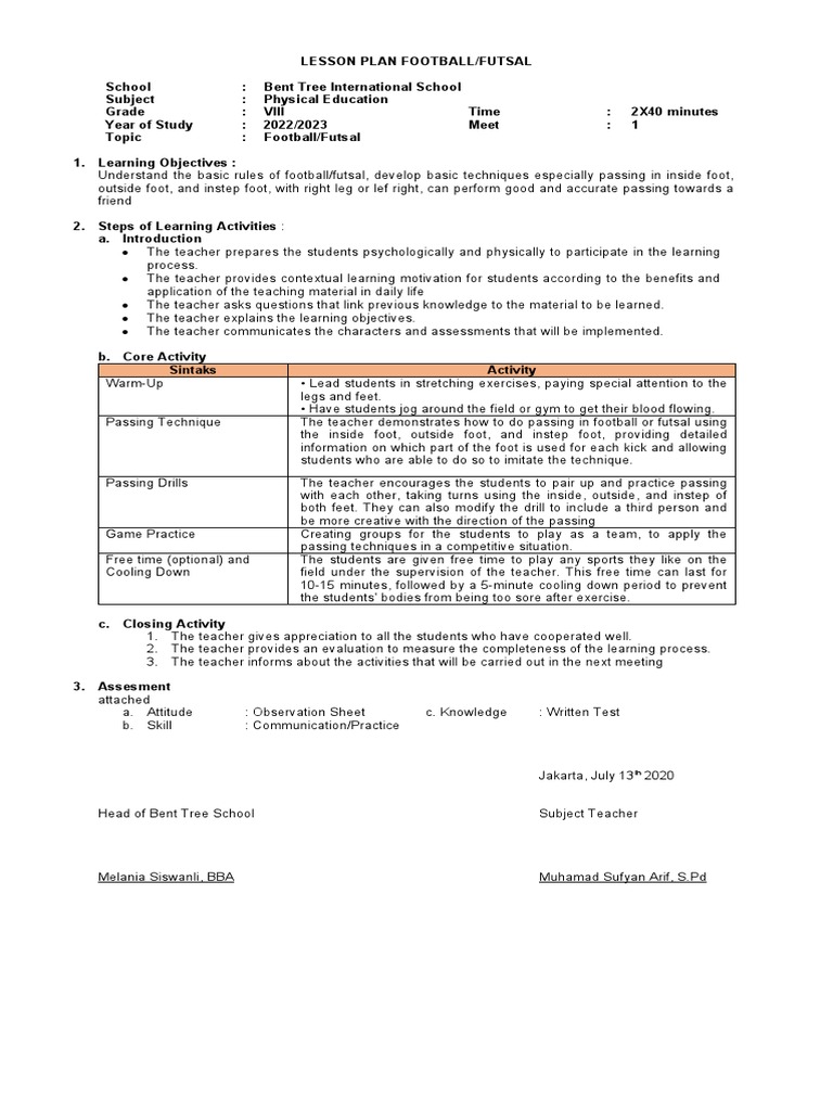 3.1 Lesson Plan Football or Futsal | PDF