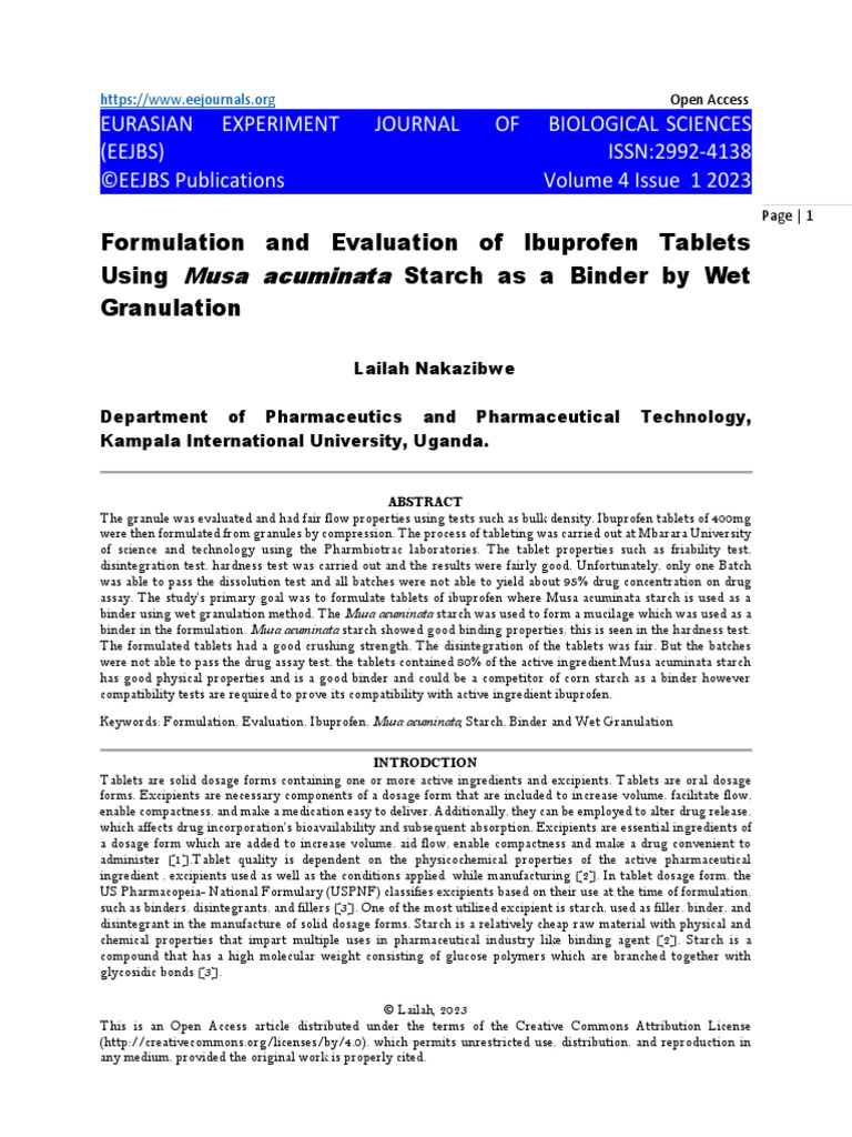 Formulation And Evaluation Of Ibuprofen Tablets Using Musa Acuminata Starch As A Binder By Wet
