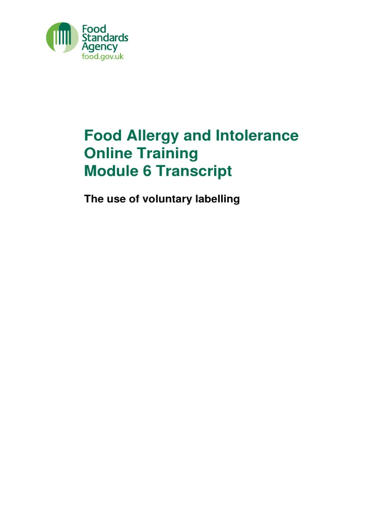 Food Allergy and Intolerance Online Training Module 6 Transcript ...