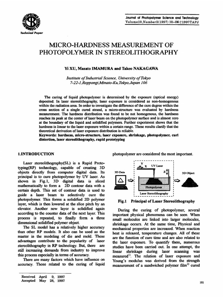 Micro-Hardness Measurement OF Photopolymer in Stereolithography | PDF | Laser | Microscopy