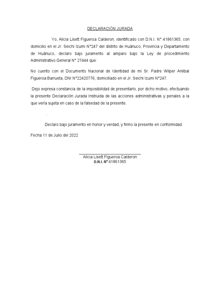 Declaración Jurada de Identidad | PDF