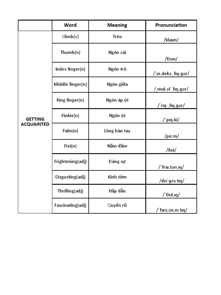 Vocabulary Excel | PDF | Hand | Finger