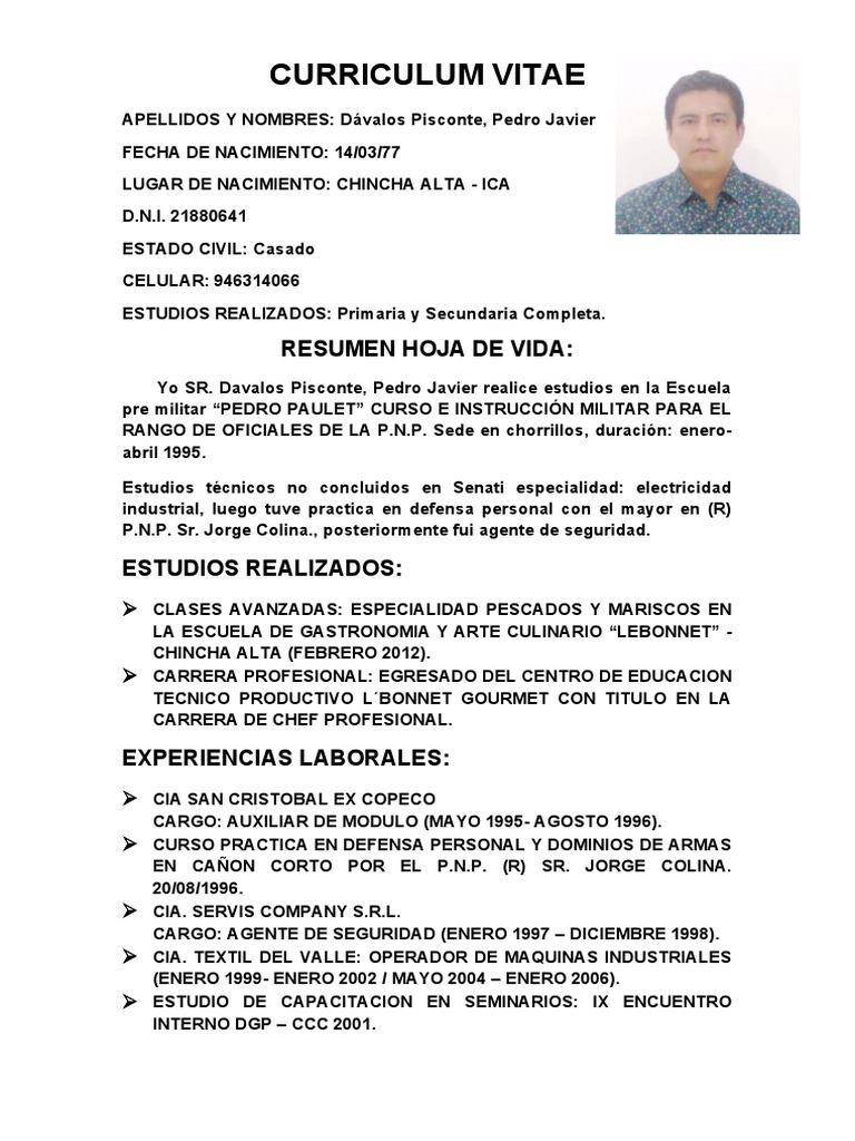 CV Pedro Javier 1 | PDF | Mariscos | Mariscos
