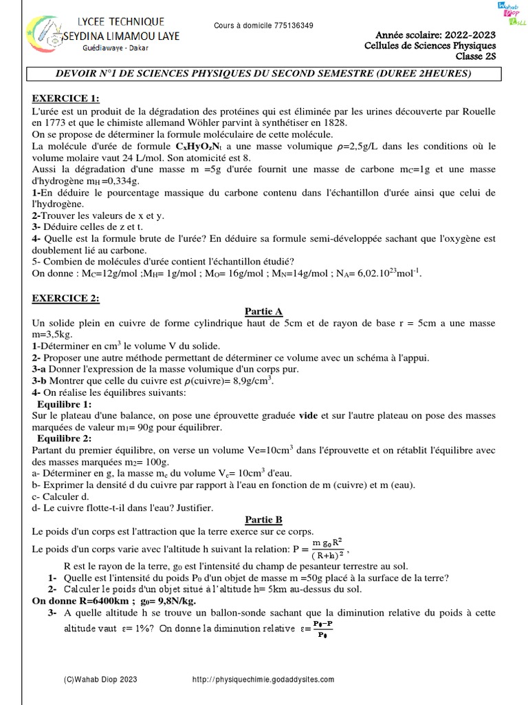 Formule semi-développée de l'urée | PDF | Poids | Masse
