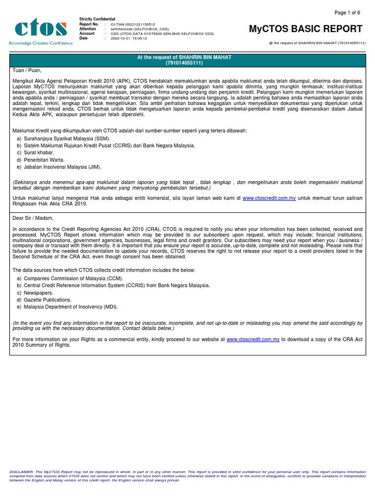 Myctos Basic Report: at The Request of SHAHRIN BIN MAHAT (791014055111) | PDF