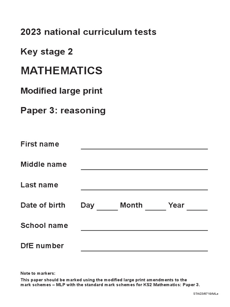 2023 Key Stage 2 Mathematics Modified Large Print Paper 3 Reasoning ...