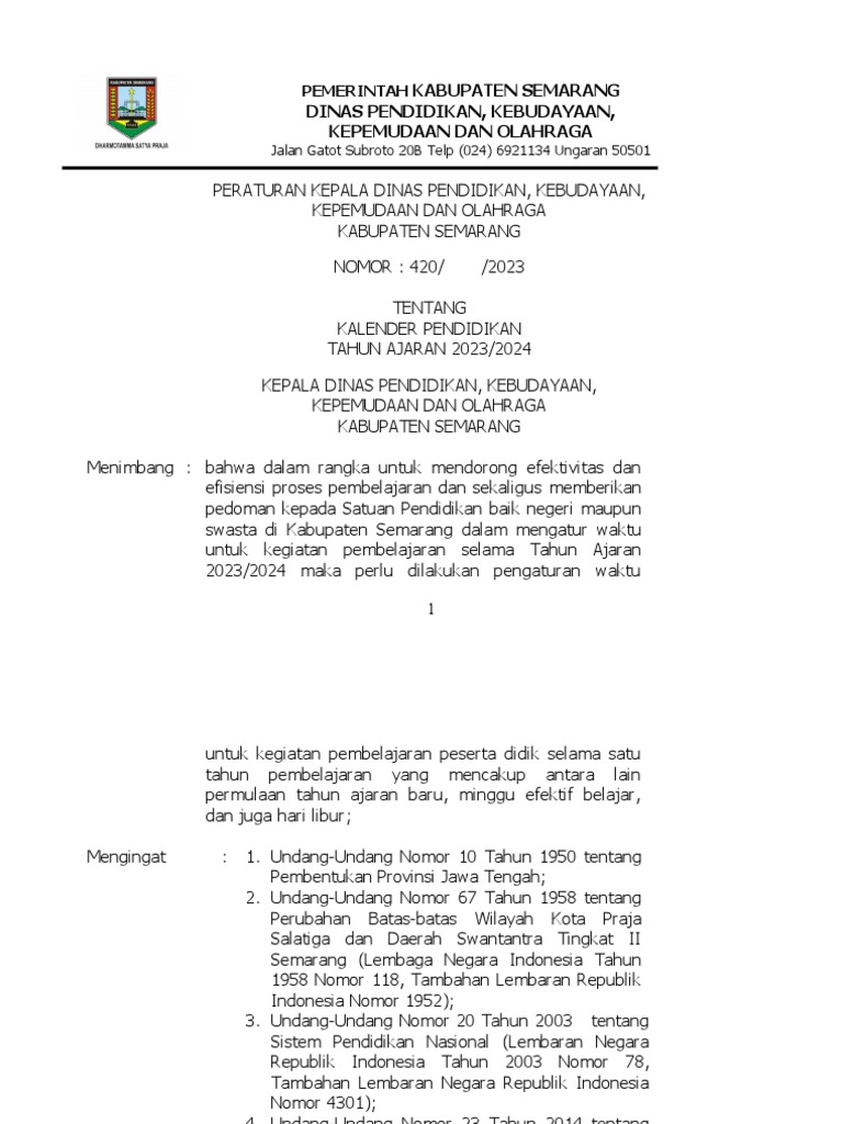 Draft Kalender Pendidikan 2023-2024 - Review Pengawas SMP | PDF