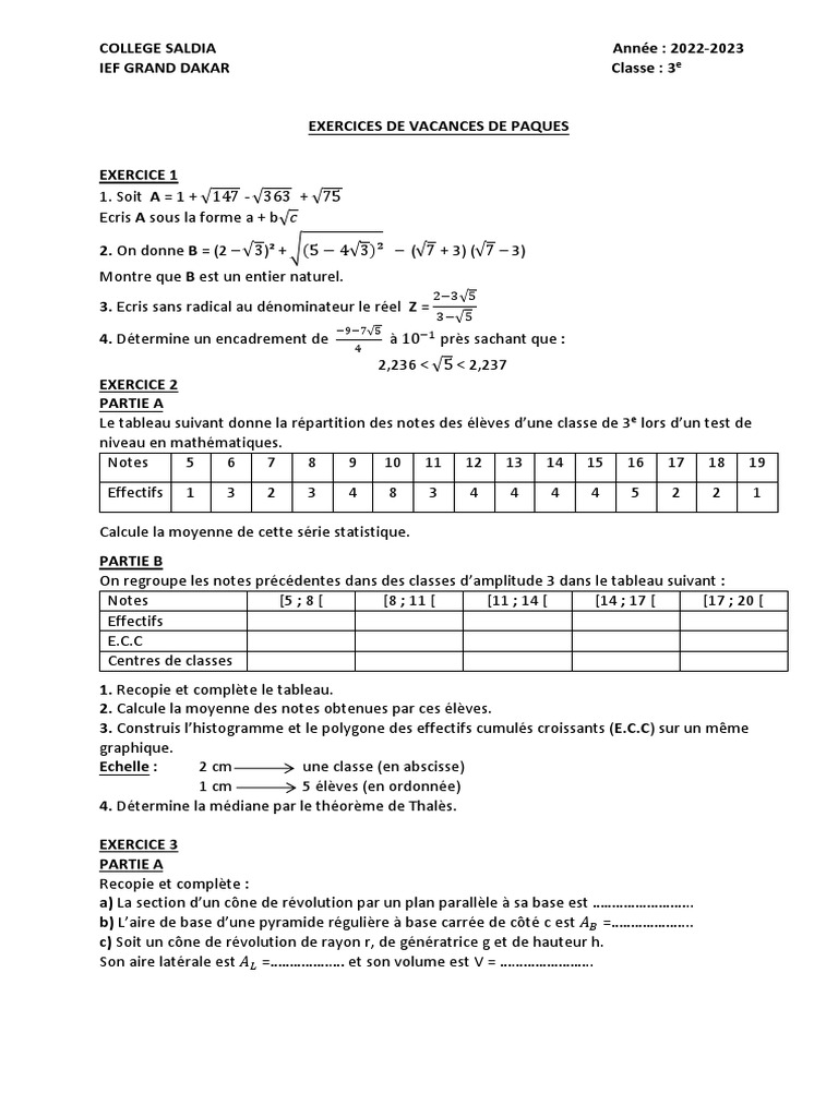 EXERCICES MATHS 3e | PDF | Triangle | Mathématiques