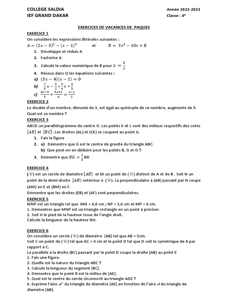 Exercices de Maths 4ème - Vacances | PDF