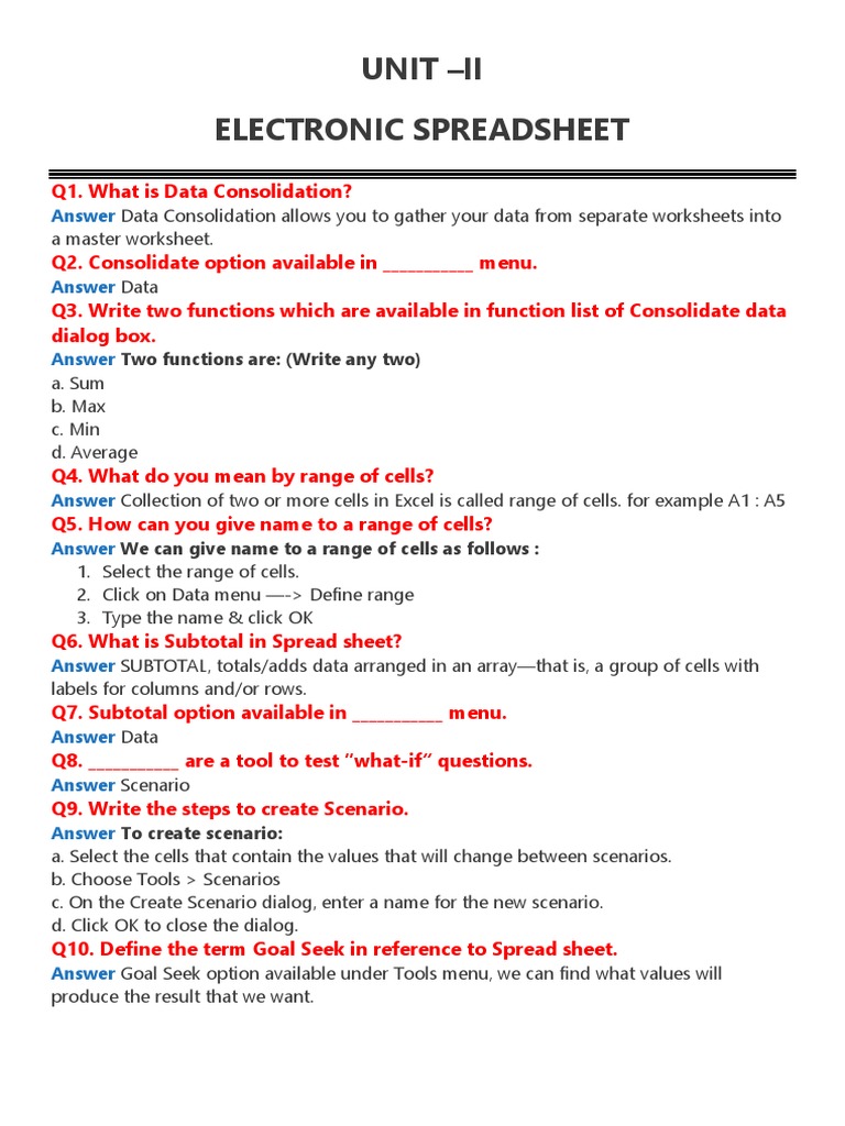 Unit Ii Electronic Spreadsheet | Download Free PDF | Spreadsheet | Worksheet