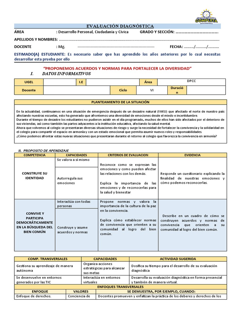 2-DPCC - Evaluación Diagnóstica | PDF | Evaluación | Las emociones