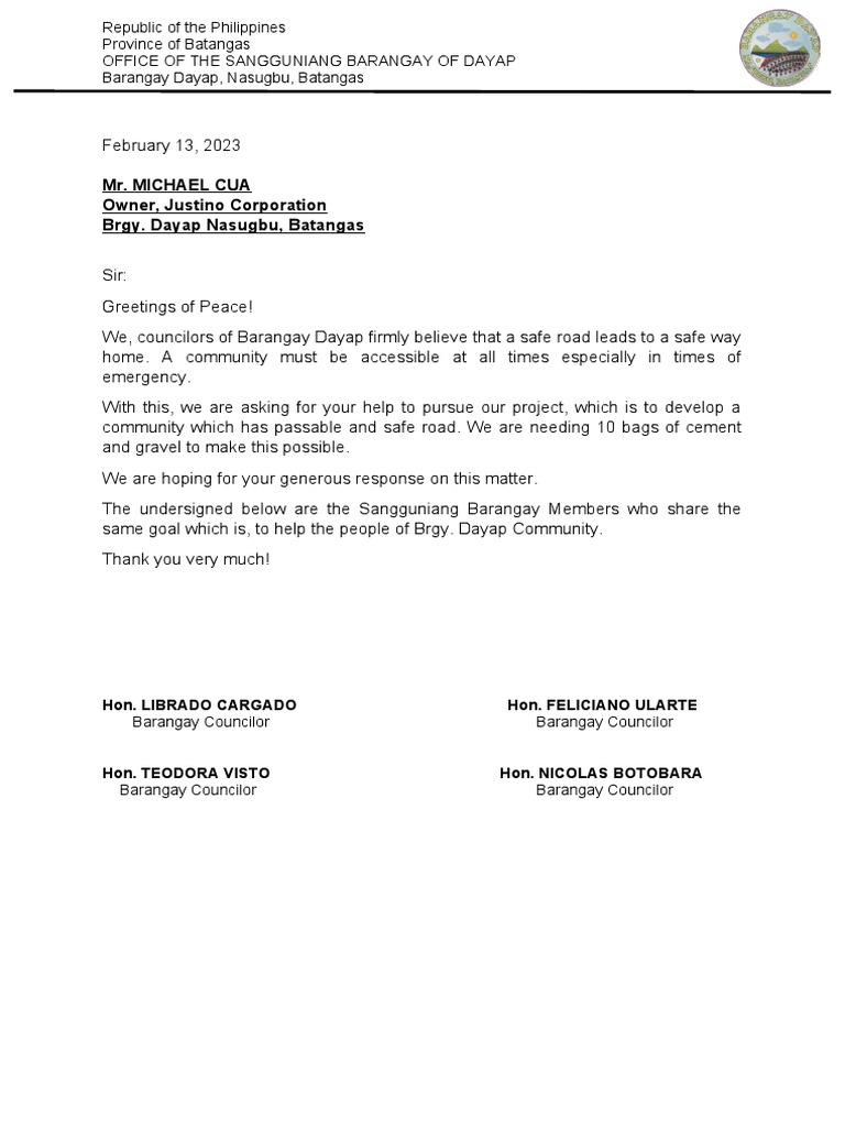 Barangay Letter For Donation2 | PDF | Home & Garden