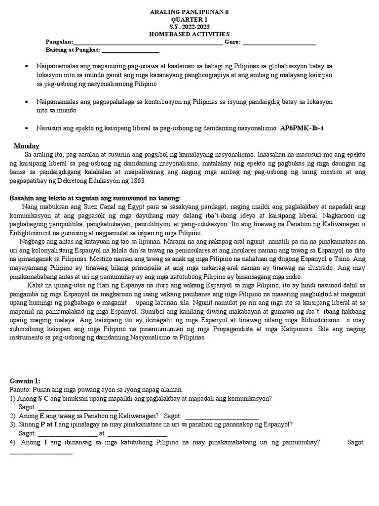 Homebased Activities Week 1 Araling Panlipunan 6 | PDF
