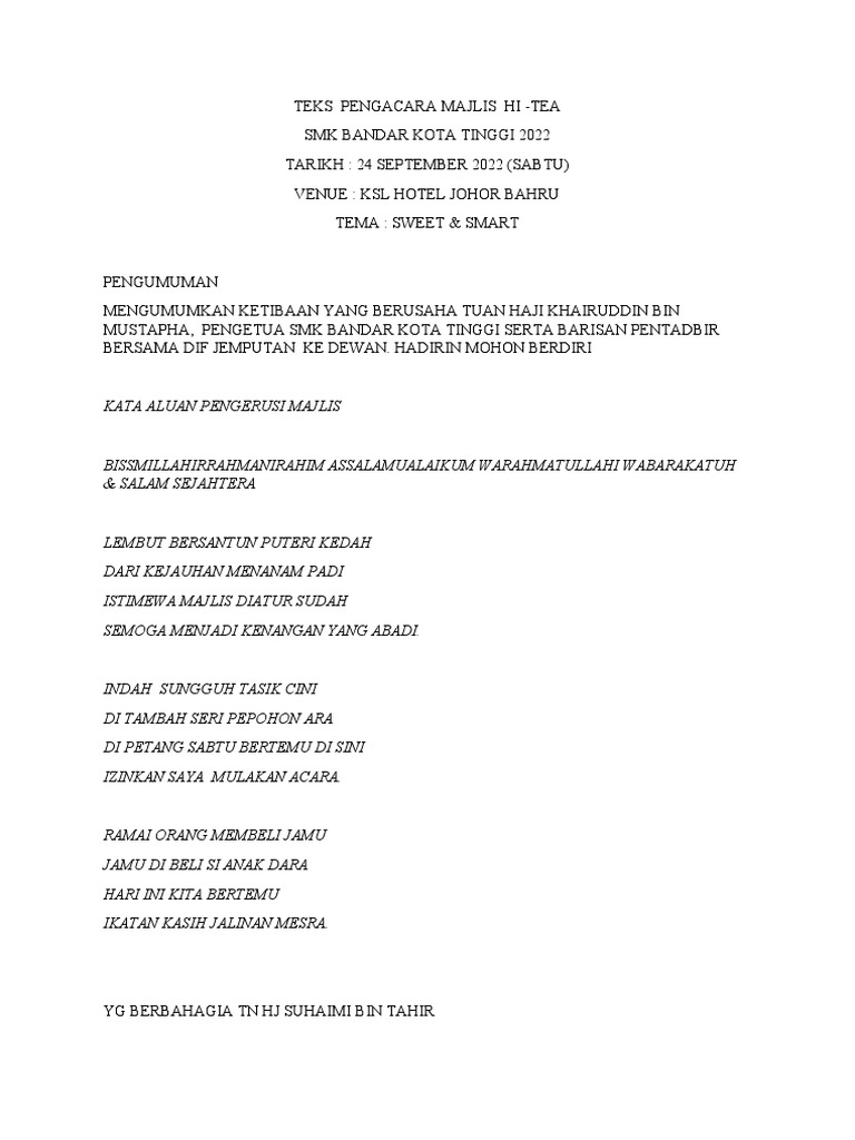 Teks Pengacara Majlis Hi-Tea 2022 | PDF