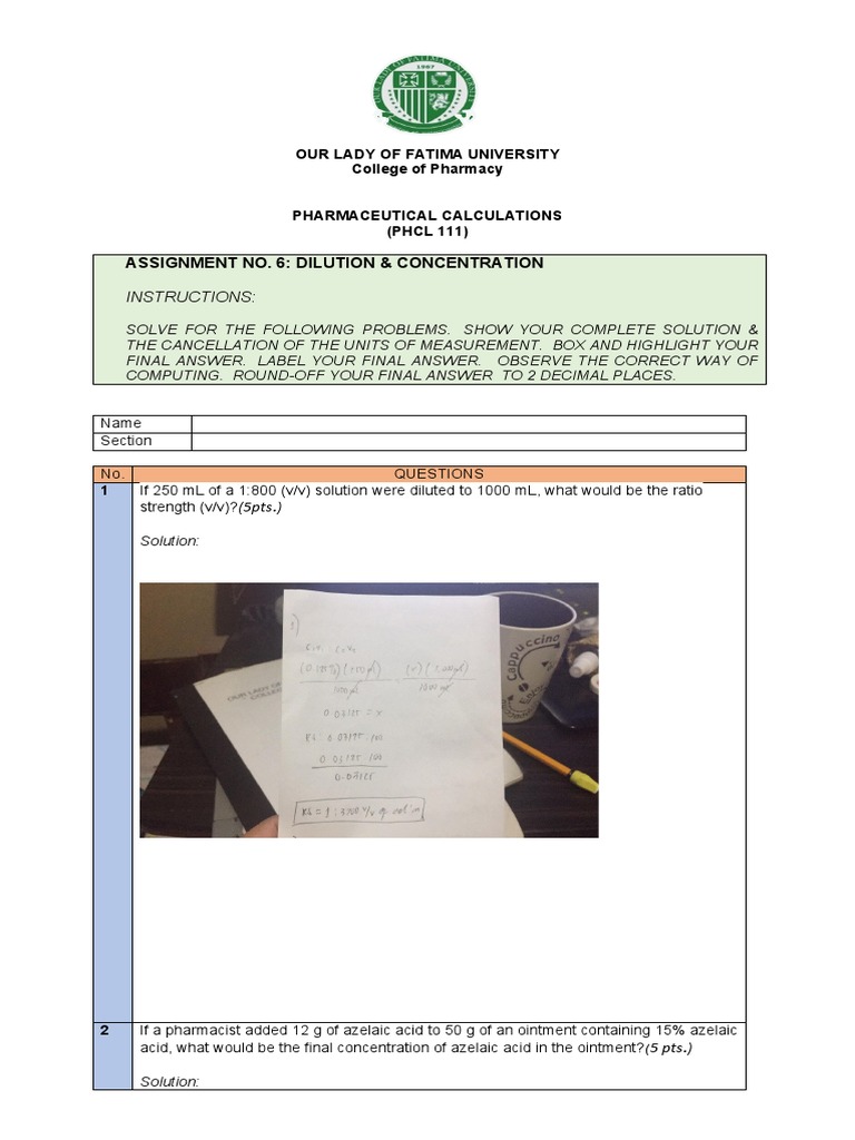 PHCL 111 Assignment 6 (Dilution & Concentration) | PDF
