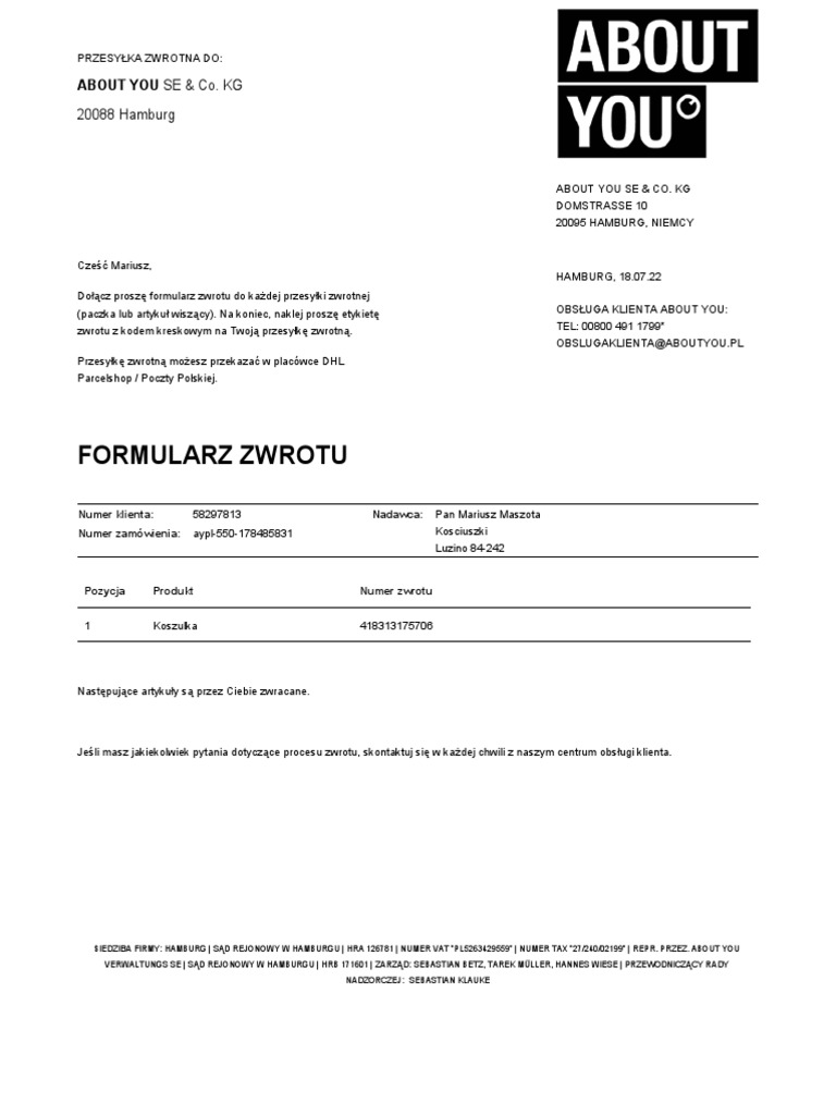 Formularz Zwrotu Aypl 550 178485831 | PDF