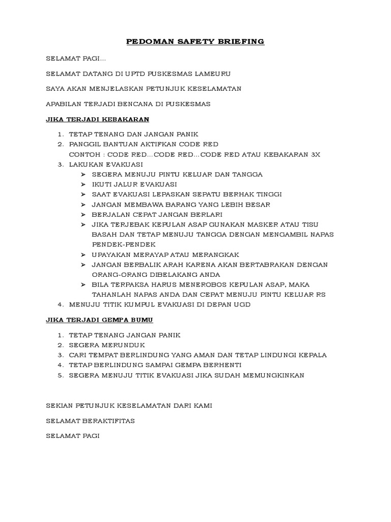 Contoh Safety Briefing Puskesmas | PDF