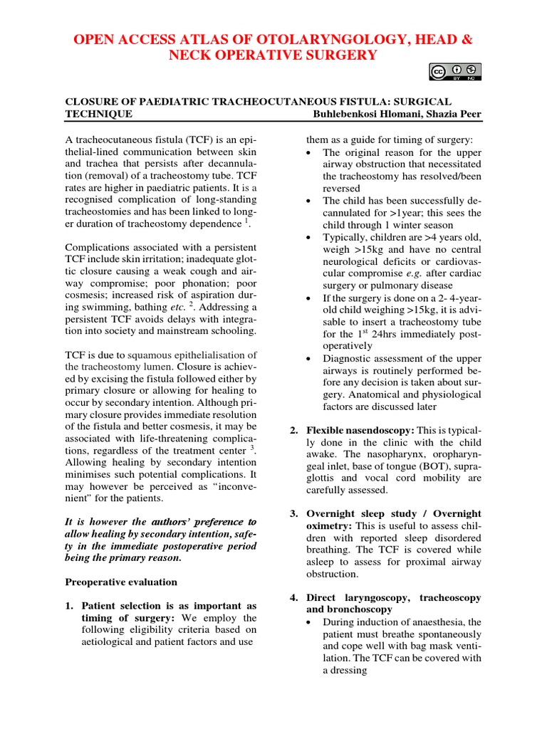 Closure of Paediatric Tracheocutaneous Fistula - Surgical Technique ...