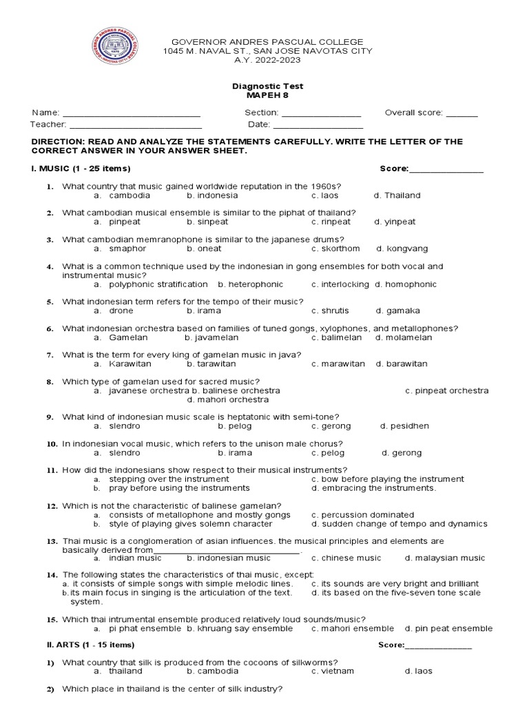MAPEH GRADE 8 Diagnostic Test 2019 | PDF | Physical Fitness