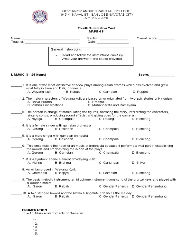 MAPEH Grade 8 Summative Test Questions | PDF | Performing Arts ...