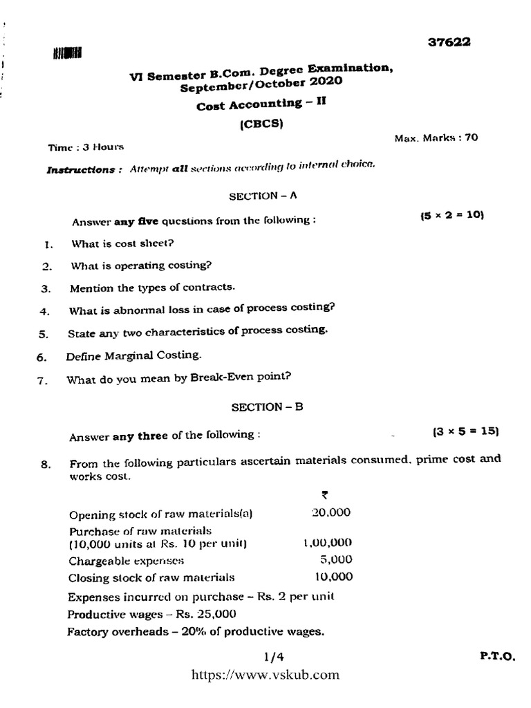 Bcom 6 Sem Cost Accounting 2 37622 Oct 2020 | PDF