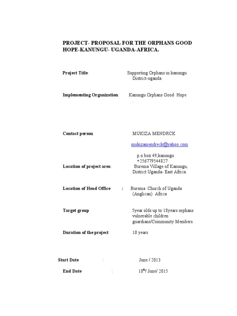 PROJECT Proposal Kanungu Orphans Good Hope-Uganda. | PDF | Hiv/Aids ...