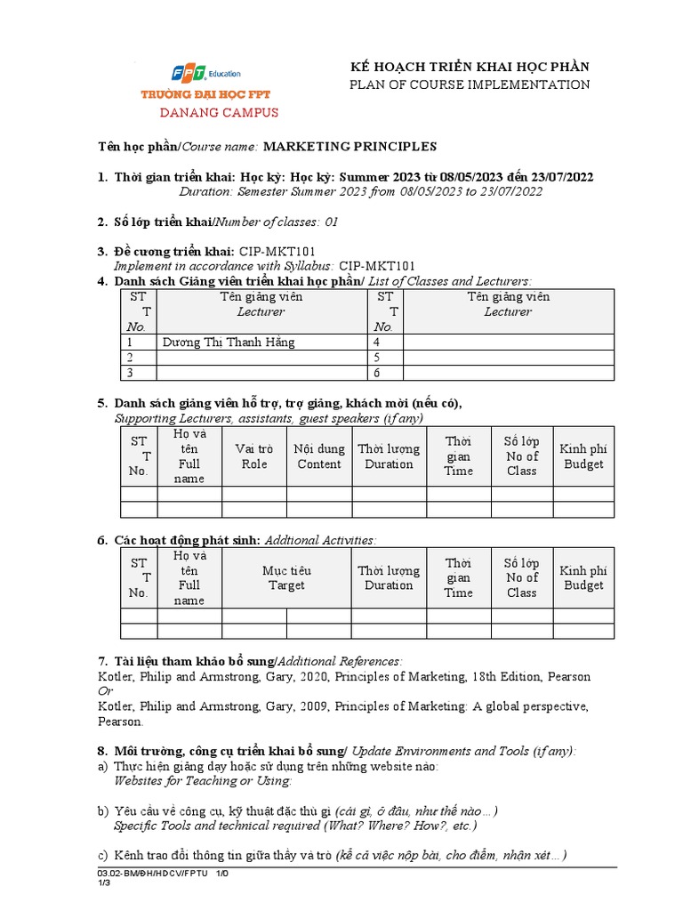 Marketing Principles Course Plan 2023 | PDF